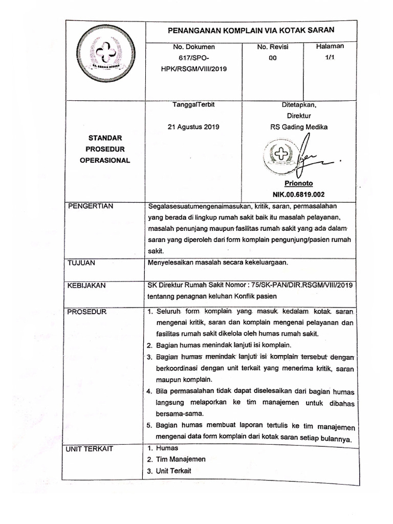 Spo Penanganan Pasien Komplain | PDF