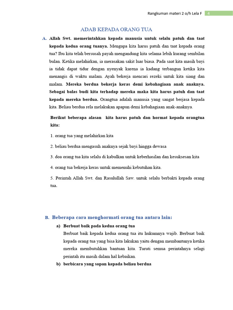 Rangkuman Materi 2 - Adab Kepada Orang Tua | PDF