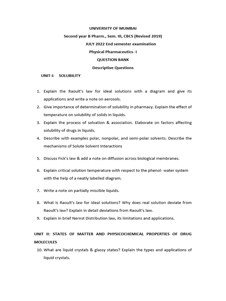 Descriptive Questions Physical Pharmaceutics I SEM III R CBCS ...