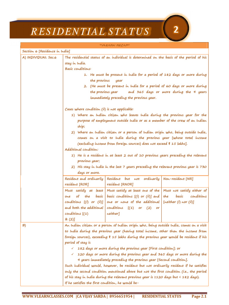 Chap 2 Residential Status,..io. | PDF