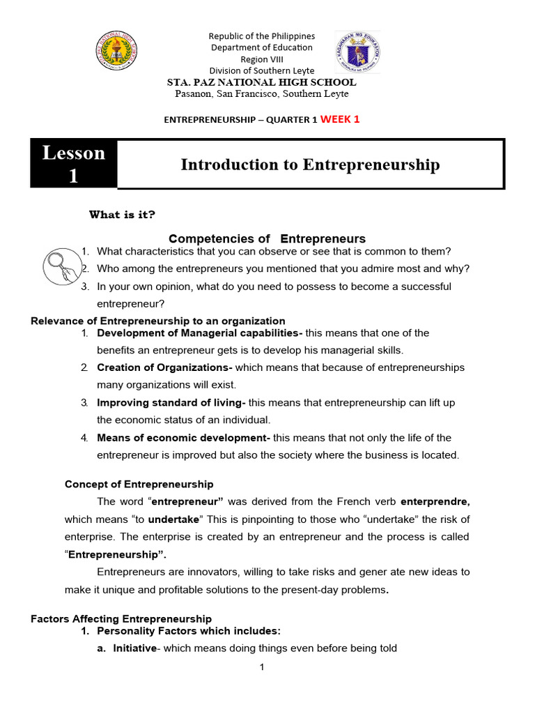Entrep Q1 W1 | PDF | Entrepreneurship | Cognition