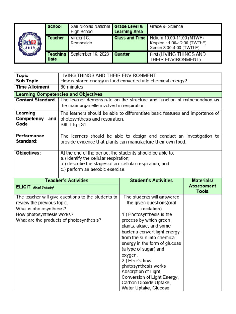 Lesson Plan 1 | PDF | Cellular Respiration | Adenosine Triphosphate