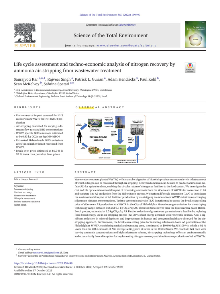 LCA+ Techno-Economic Assesmant of Nitrogen Recovery by Ammonia Air Stripping From Waste Water ...