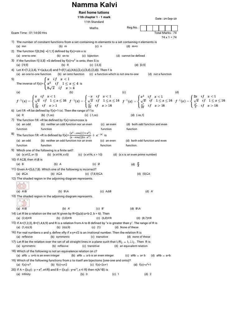 Namma Kalvi 11th Maths 1 Mark Questions With Answers 215363 | PDF | Mathematical Concepts ...