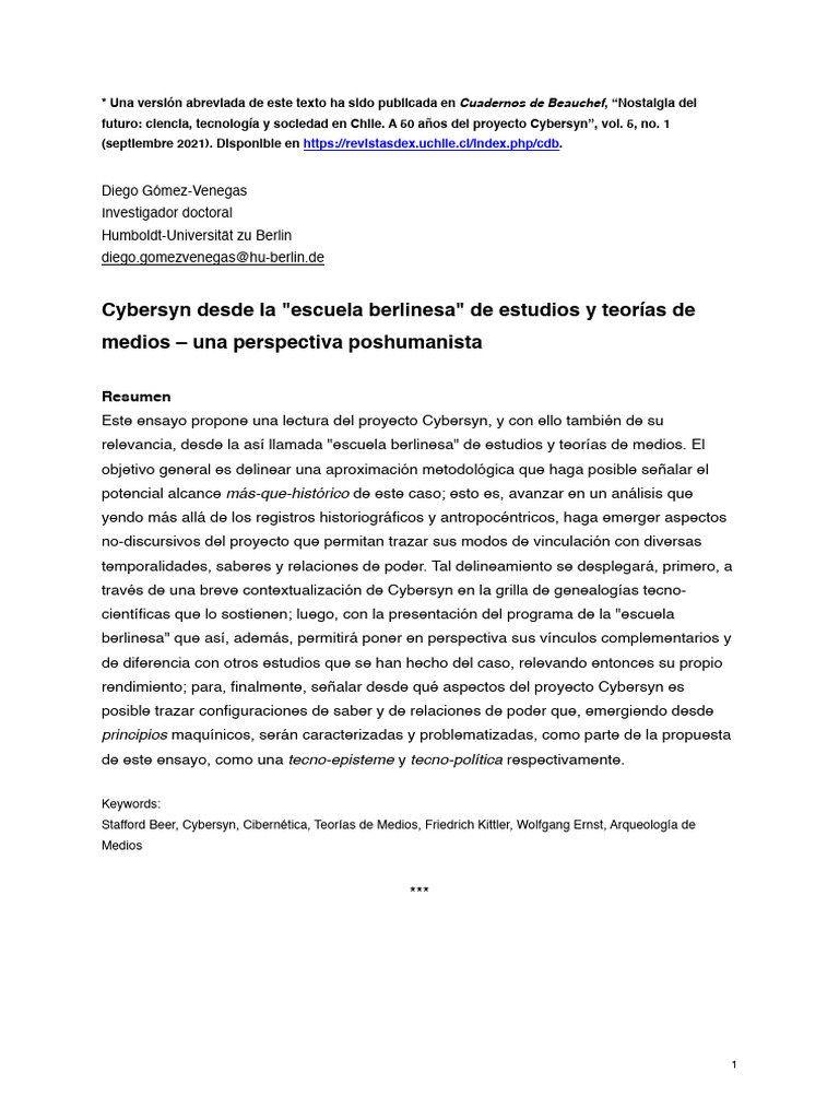 Cybersyn Desde Escuela Berlinesa DGV Full Version 2021 | PDF