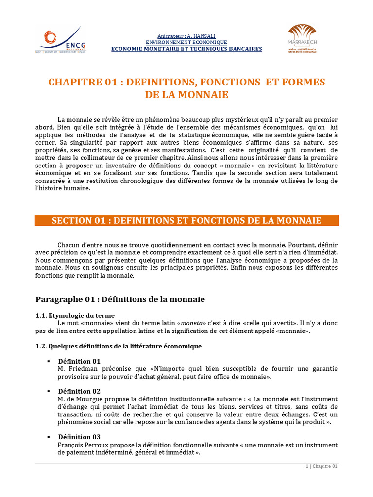 Définitions et Fonctions de la Monnaie | PDF | Monnaie fiduciaire ...