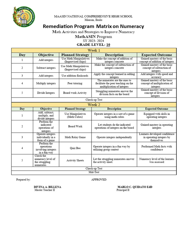 Numeracy Matrix g10 | PDF | Multiplication | Integer
