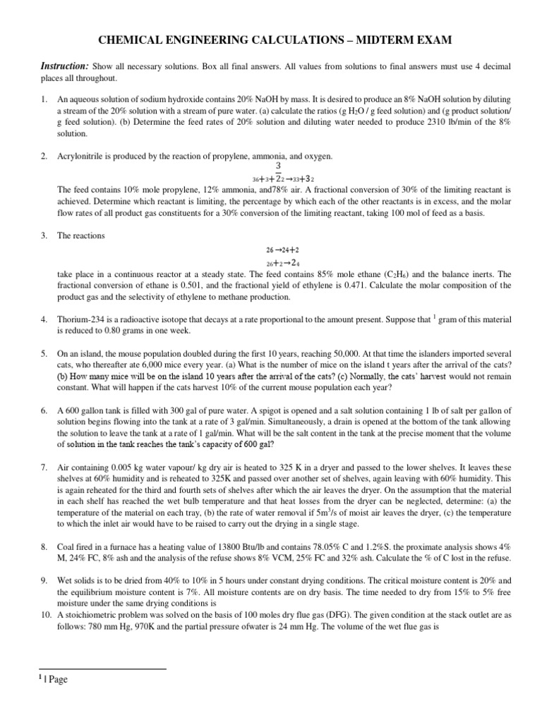 Chemical Engineering Calculations - Midterm Exam | PDF | Sodium ...