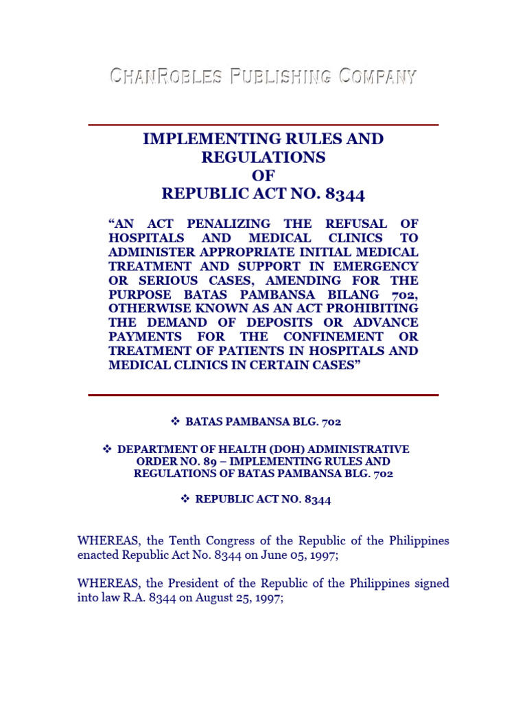 Implementing Rules and Regulations of Republic Act No. 8344 | PDF