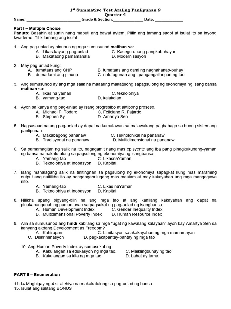 AP 9 Summative Test - Week 1 & 2 - Q4 | PDF