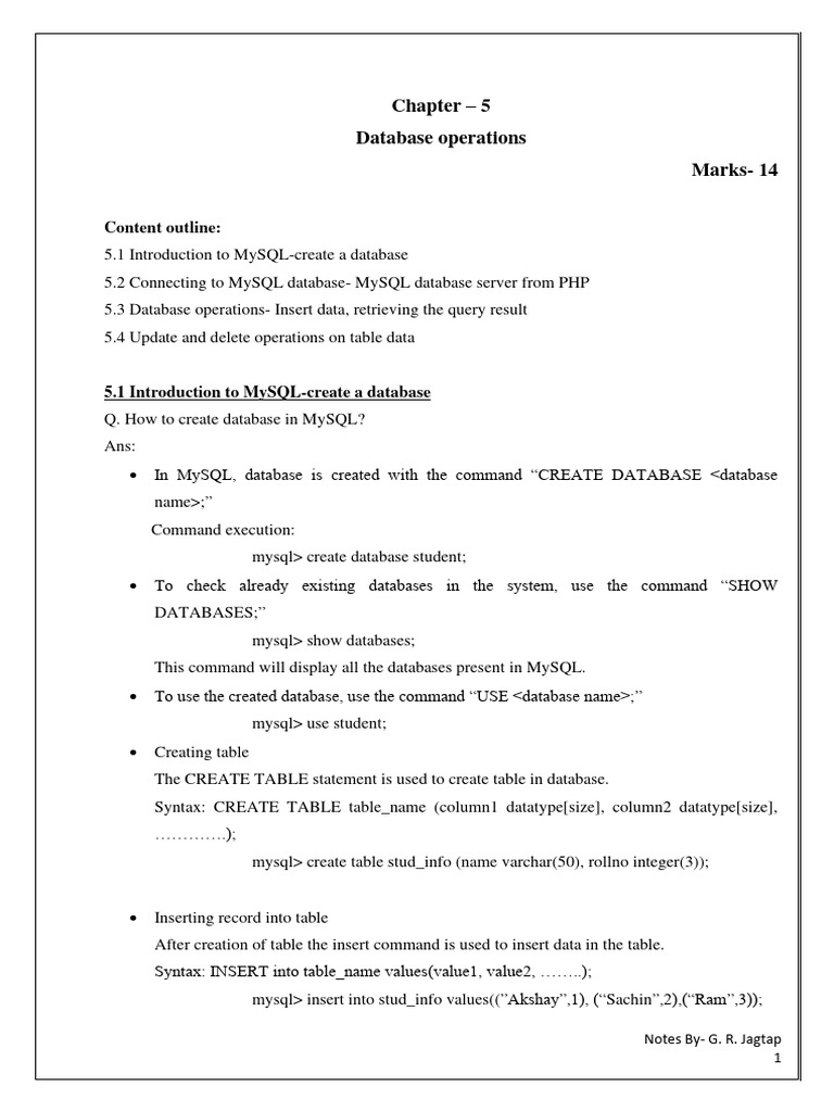 Chapter - 5 Database Operations Marks-14: Content Outline | PDF | Databases | Php