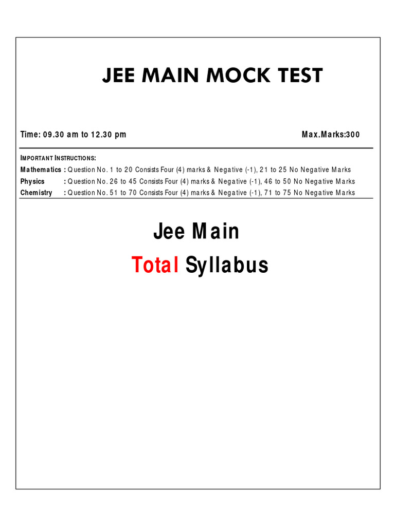 JEE Main Mock Test Instructions and Questions | PDF | Force | Capacitor