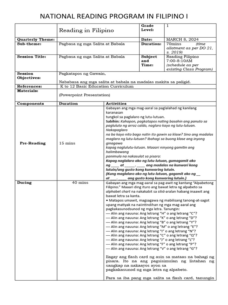 Grade1 Fil Reading - Catch Up Friday | PDF