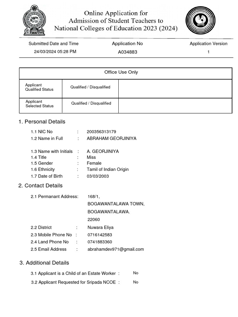 Personal Details: Application No | PDF