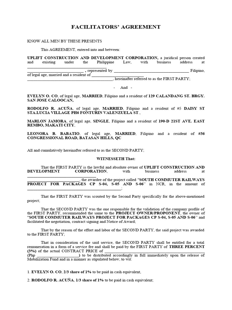 Facilitators' Agreement for Uplift Project | PDF | Business