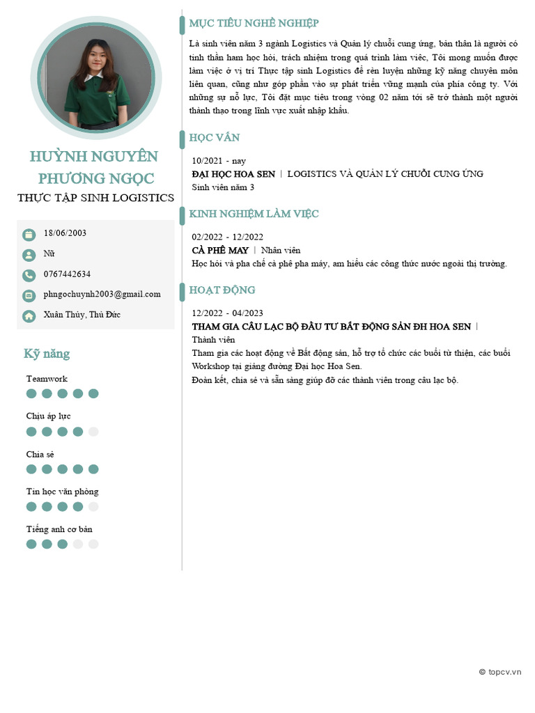 Cv Tts Logistics - Huỳnh Nguyên Phương Ngọc | PDF