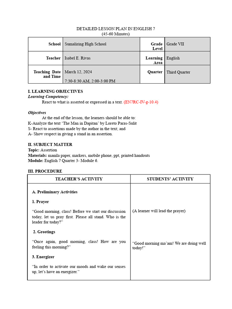 Learning Competency:: (EN7RC-IV-g-10.4) | PDF | Thought | Reason