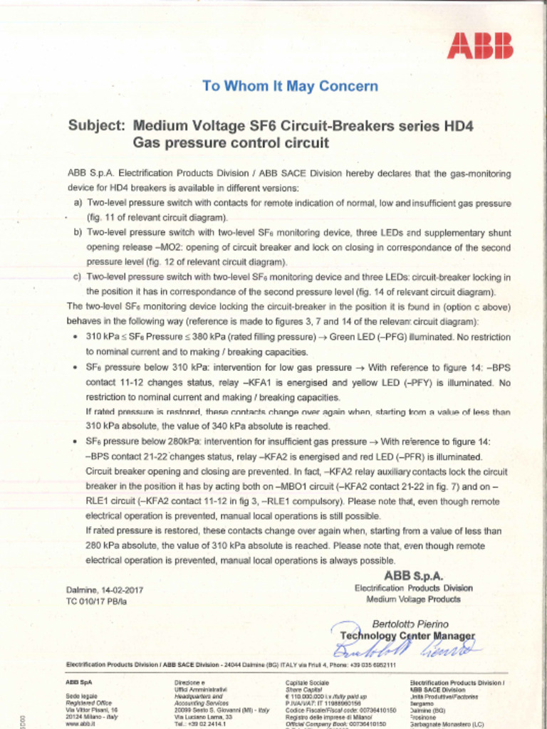 14-ABB SF6 Declaration+010-17+HD4+performance+at+low+pressure | PDF