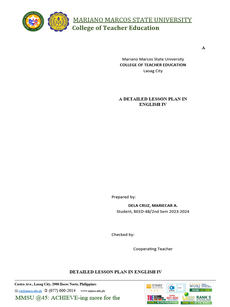 ENGLISH IV A Detailed Lesson Plan First Draft - THE MAN THE SON AND THE ...