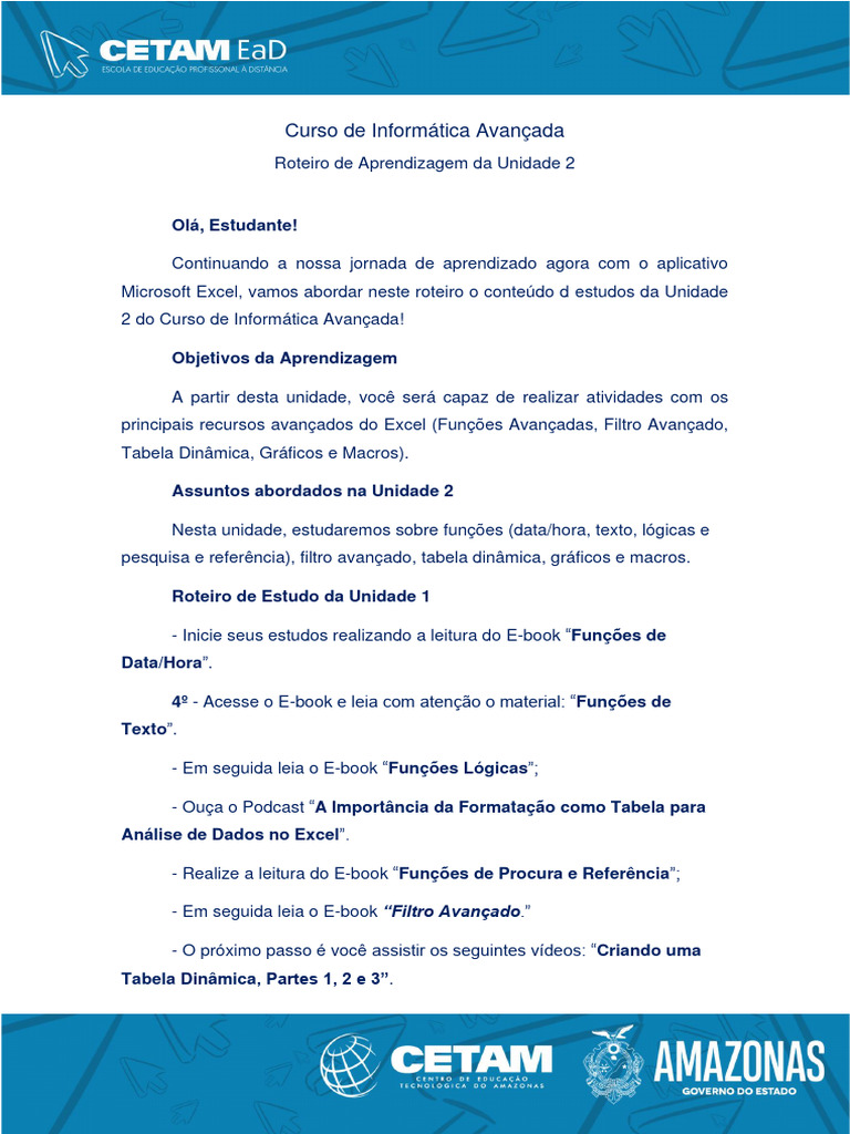 Roteiro de Aprendizagem - Uni 2 | PDF | Microsoft Excel | Macro ...