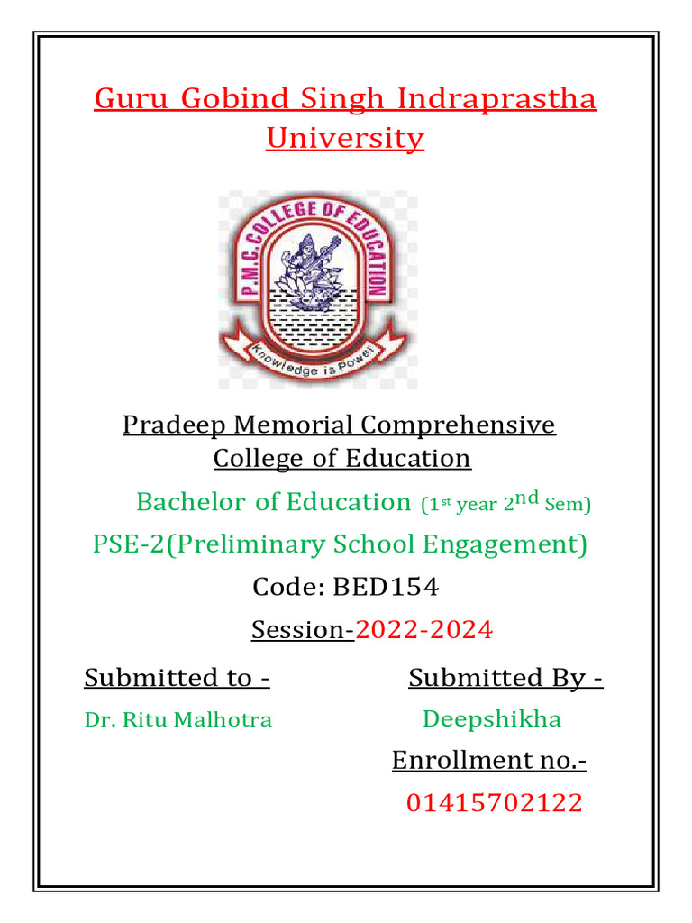 GGSIPU B.Ed. - PSE - 2/ PSE - II Preliminary School Engagement - 2 GGSIPU-IPU | PDF ...