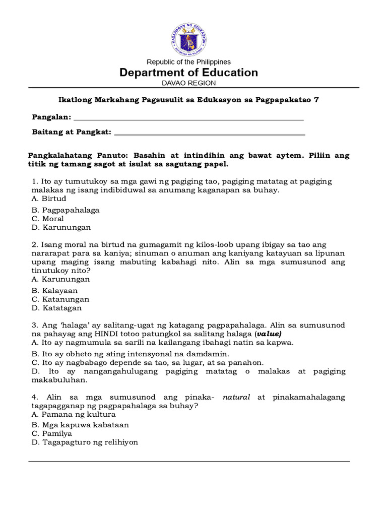 Quarterly Test - Q3 EsP 7 | PDF