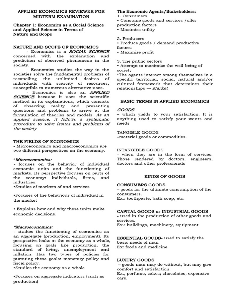 Applied Economics Reviewer For Midterm Examination | PDF | Supply And Demand | Demand