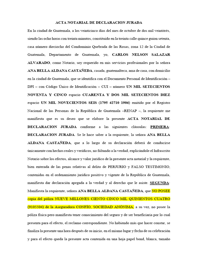 Acta Notarial de Declaracion Jurada - Reclamo de Seguro Confío | Descargar gratis PDF ...