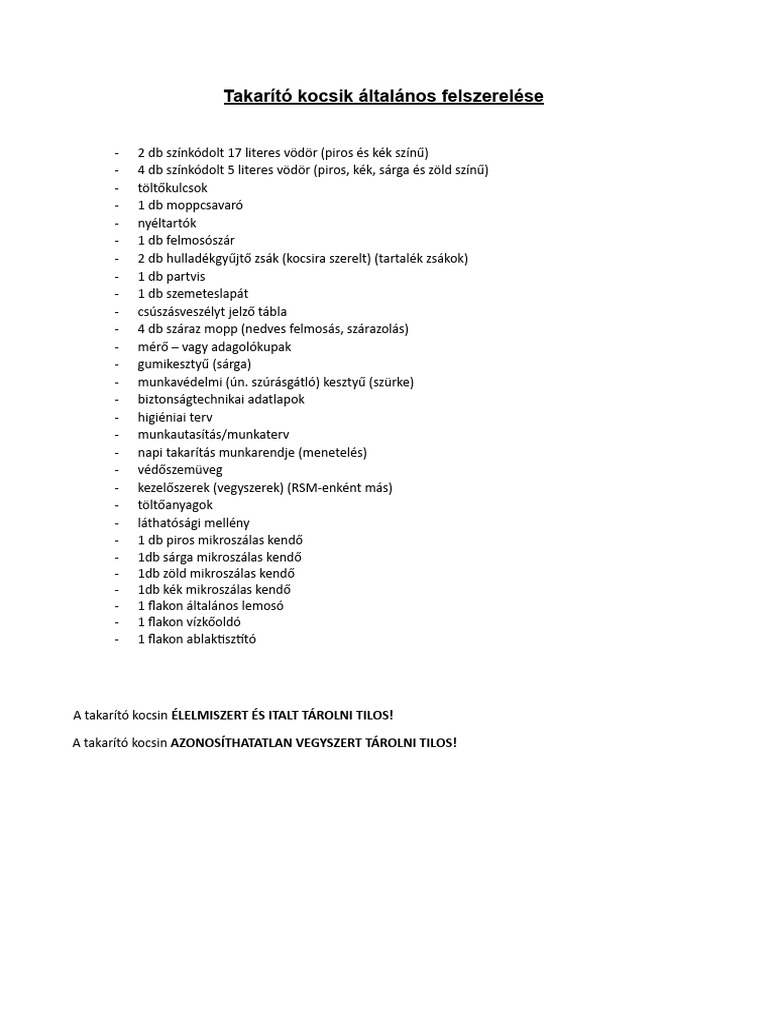 Takarító Kocsik Általános Felszerelése | PDF