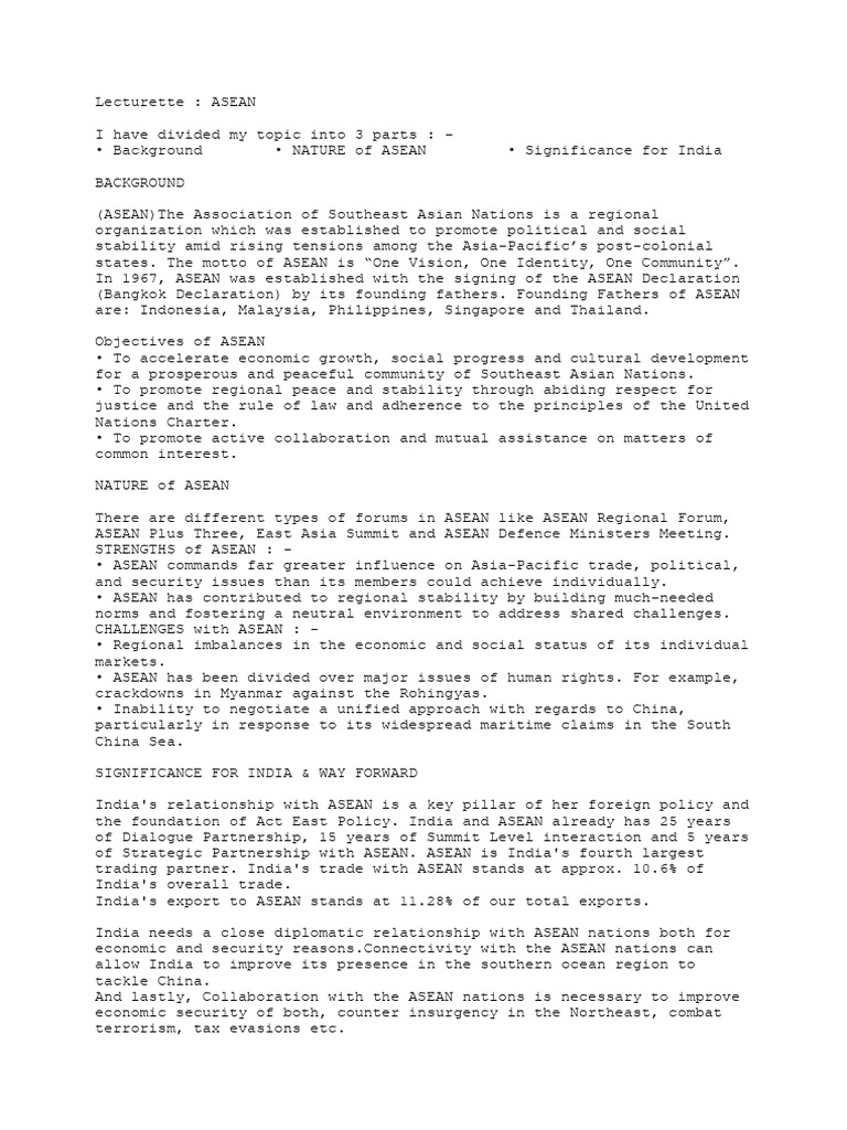 Lecturette ASEAN | PDF | Government | Diplomacy