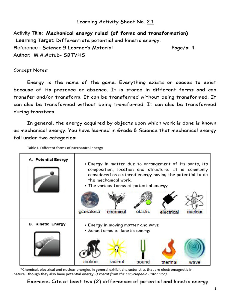 Mechanical Energy: Forms and Transformations | PDF | Potential Energy ...