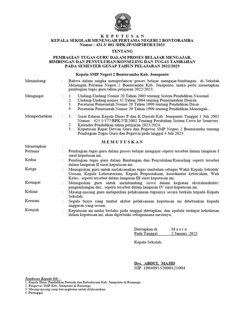 Konsiderant SK Pembagian Tugas Genap 2022-2023 | PDF