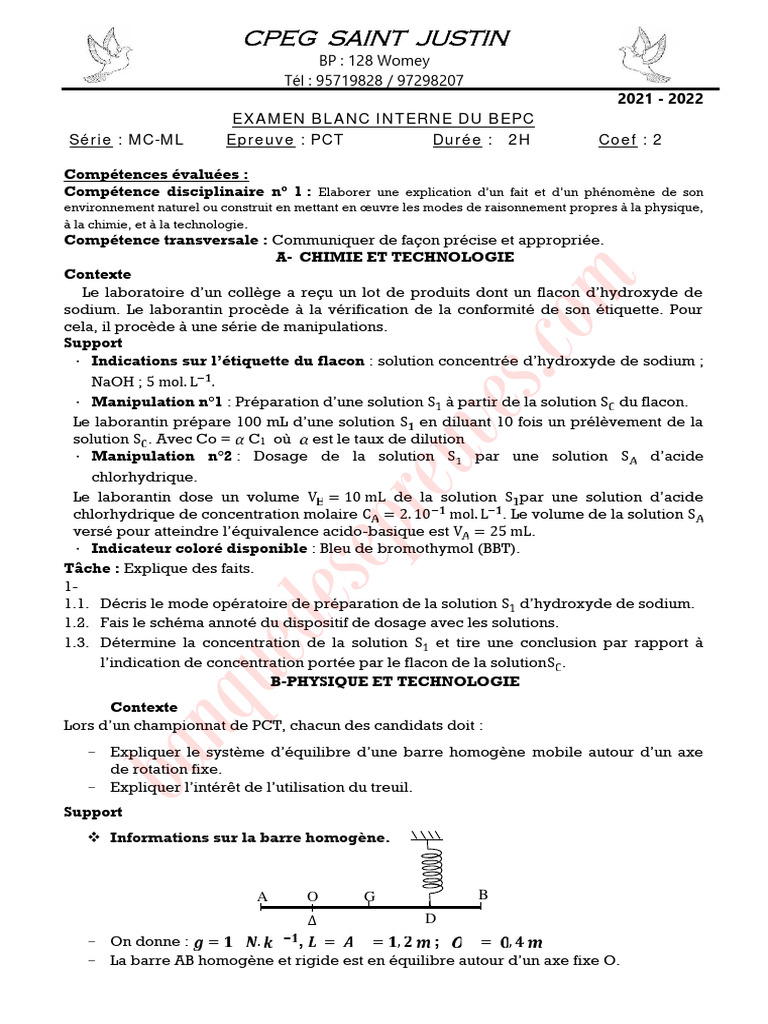 Examen Blanc Interne Du Bepc PCT 3ème MC-ML 2021-2022 Cpeg Saint Justin | PDF