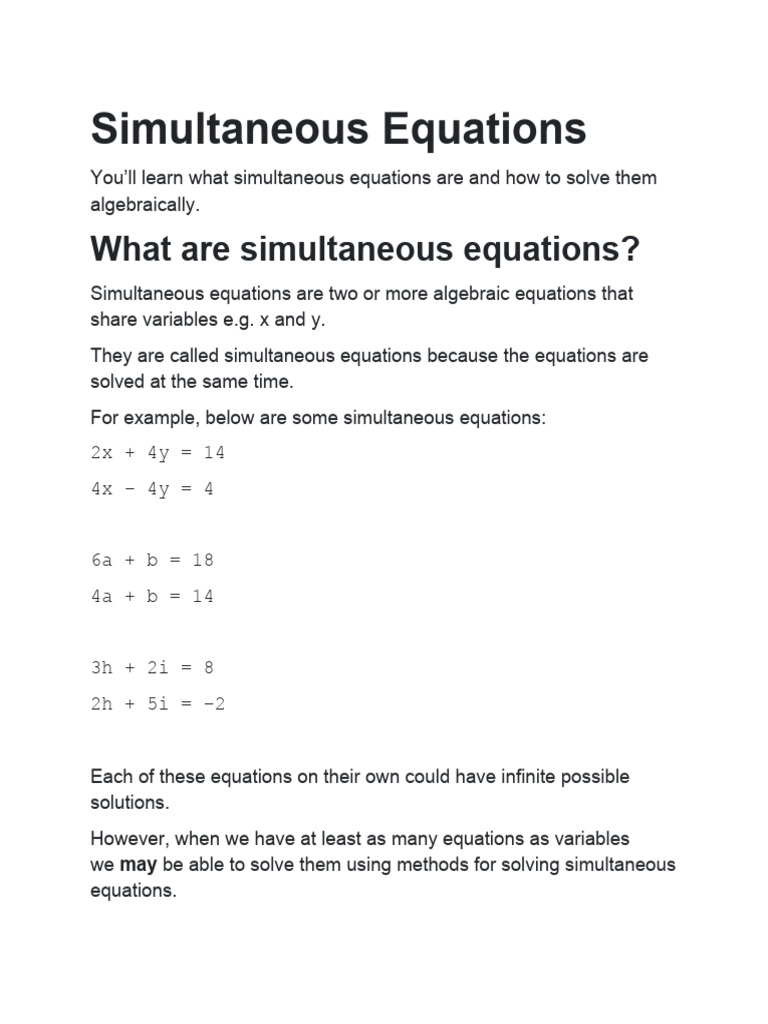 Simultaneous Equations | PDF | Equations | Mathematics
