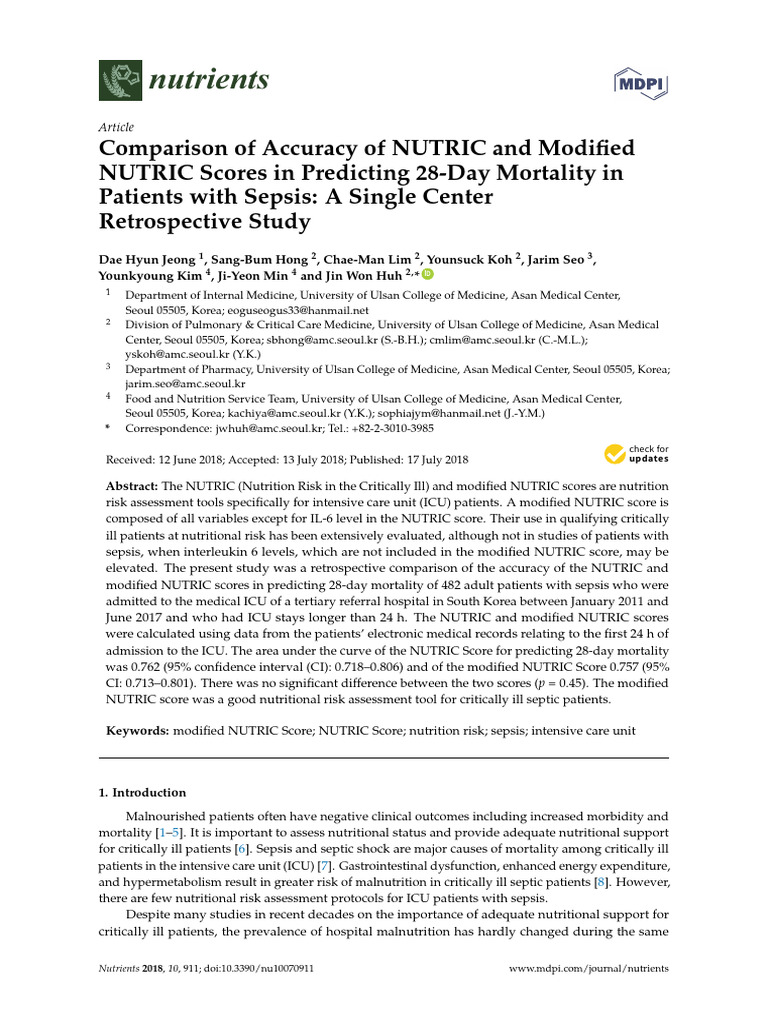 Comparison of Accuracy of NUTRIC and Modified SEPSIS | PDF | Intensive Care Medicine | Intensive ...