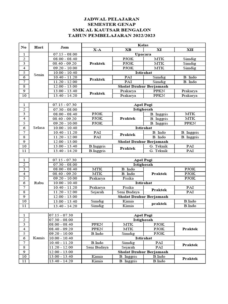 Jadwal Pelajaran Semester Genap 2023 | PDF