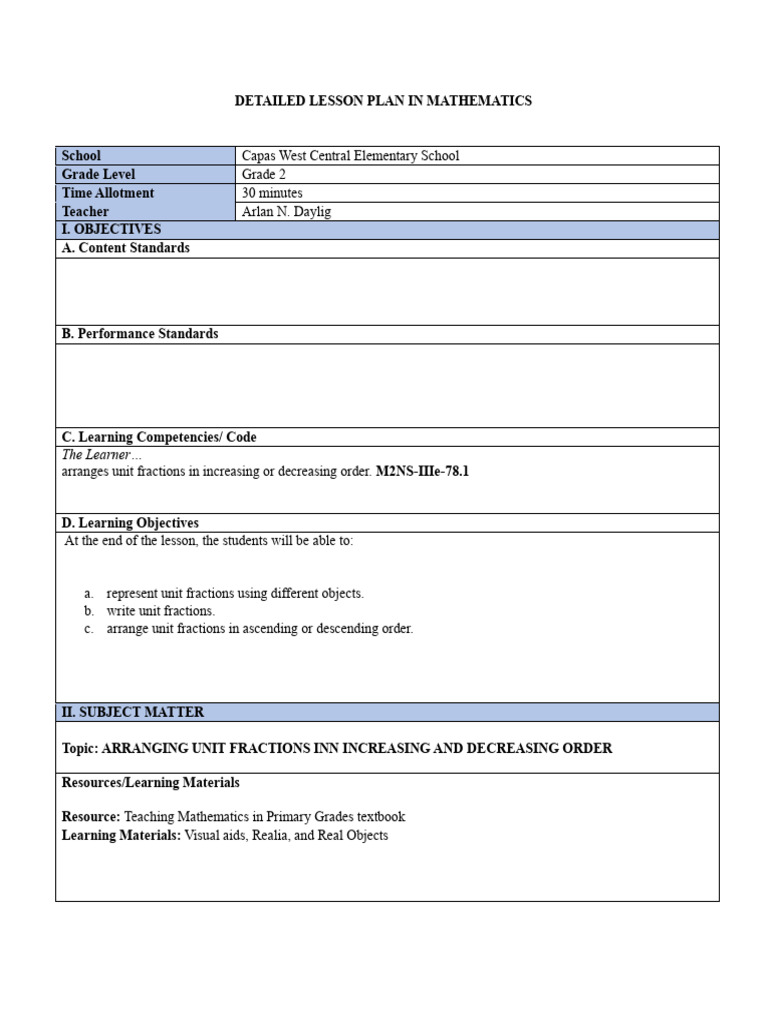 Detailed Lesson Plan in Mathematics | PDF | Teaching | Cognition