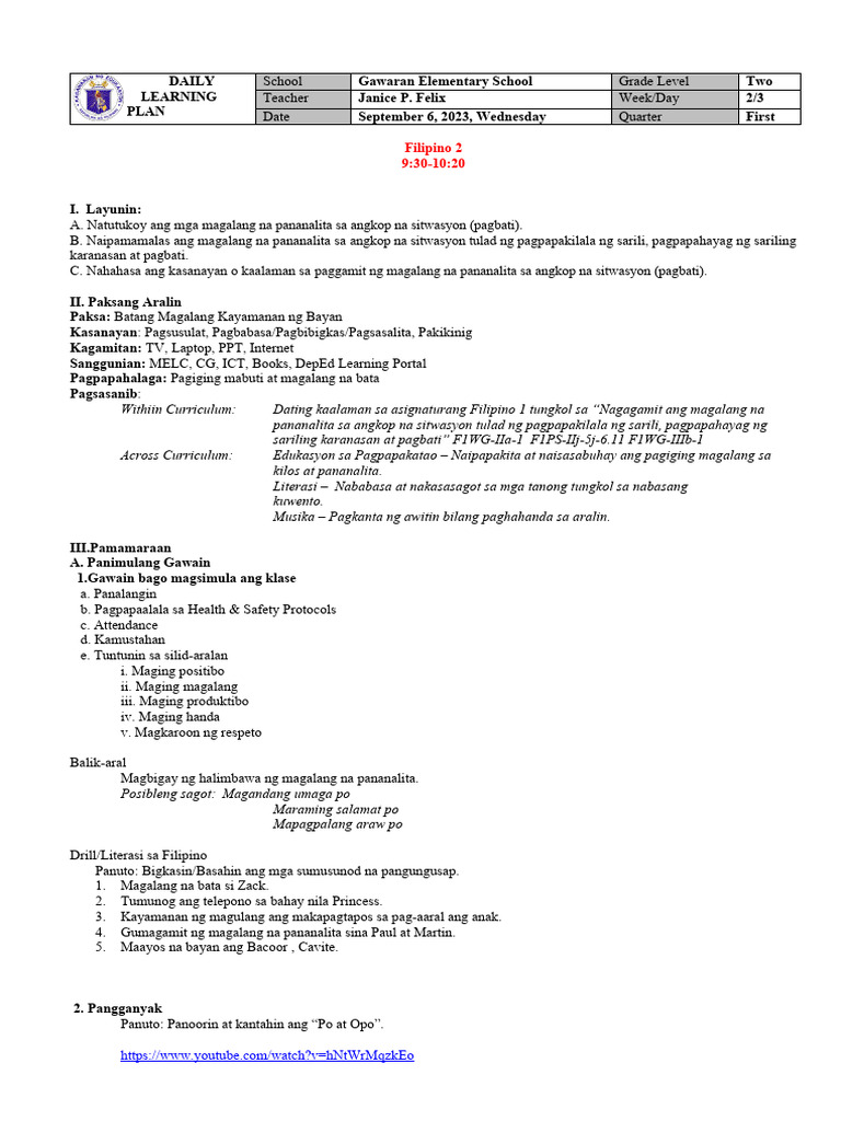 Fil DLP Q1 W2 D3 Sept 6 2023 | PDF