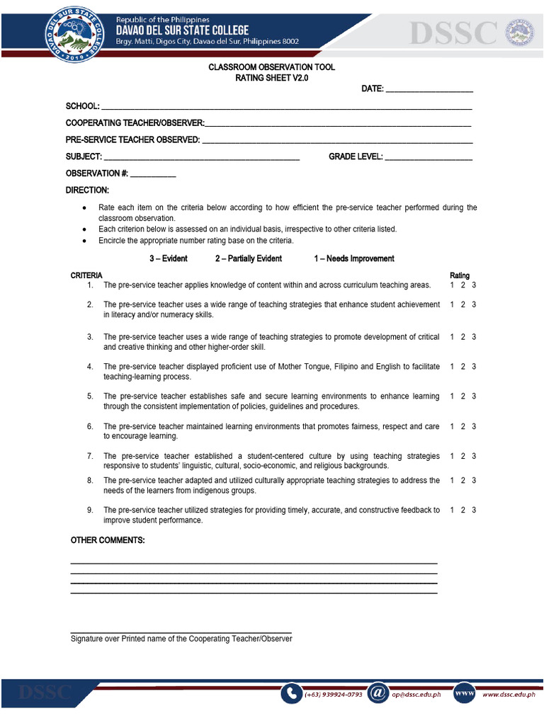 Classroom Observation Rating Tool V2.0 | PDF | Teachers | Learning