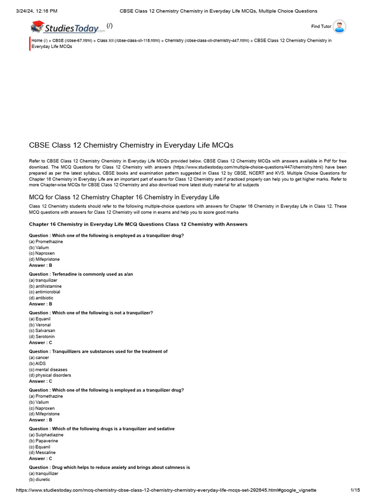 Class 12 Chemistry MCQs: Everyday Life | PDF | Enzyme Inhibitor | Enzyme