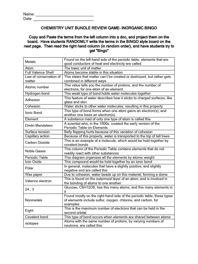 Review Game - Inorganic Chem Bundle | PDF | Chemical Bond | Atoms