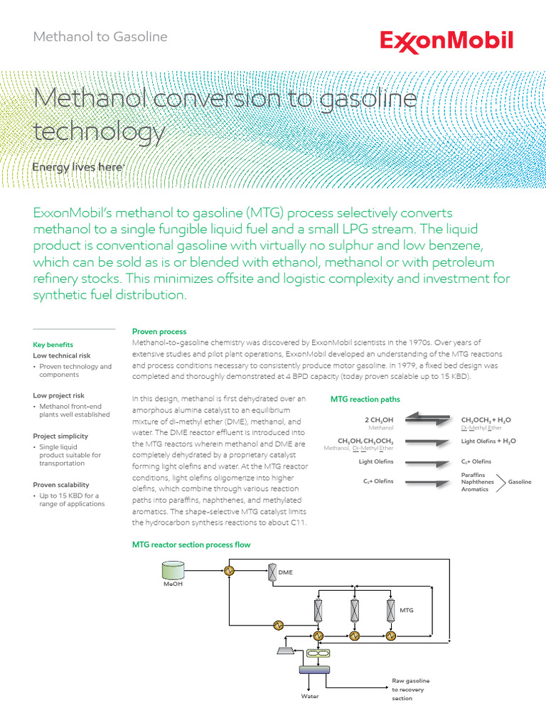ExxonMobil Methanol to Gasoline Process | PDF | Methanol | Gasoline