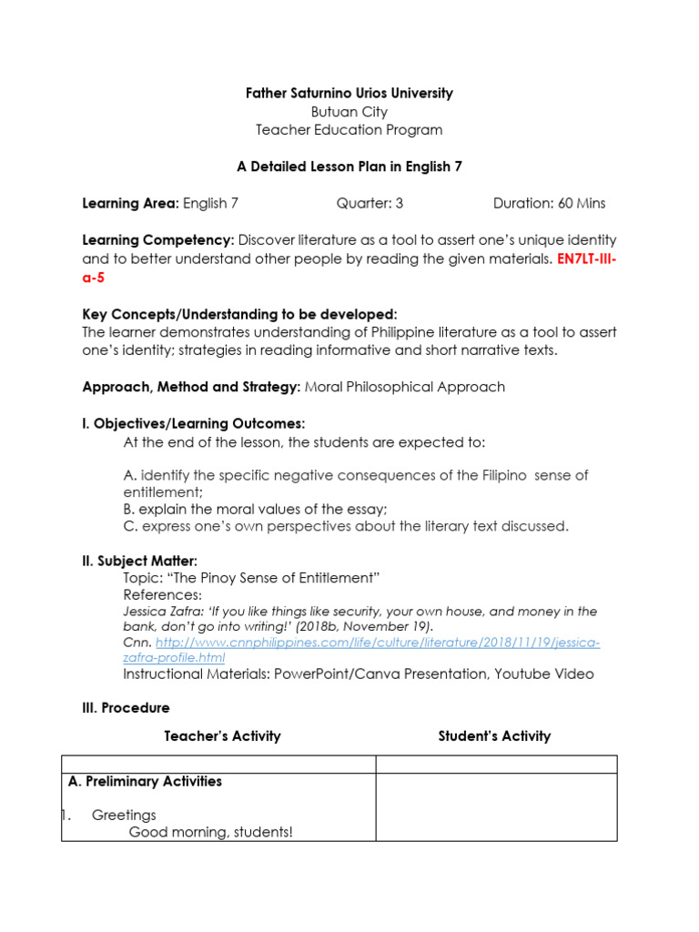 Detailed Literature Lesson Plan for Grade 7 | PDF | Learning | Essays