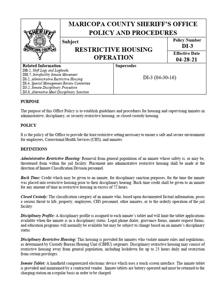 DI3 Restrictive Housing Op | PDF | Prison | Detention (Imprisonment)