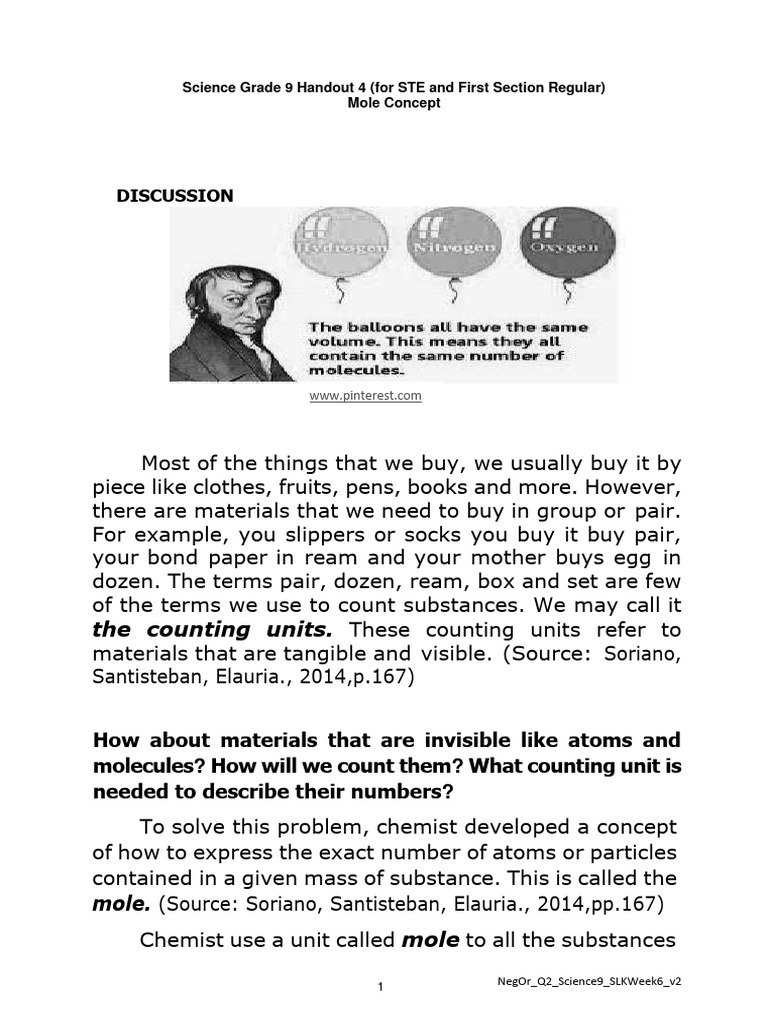 Science-Grade-9-Handout-4-Mole Concept | PDF