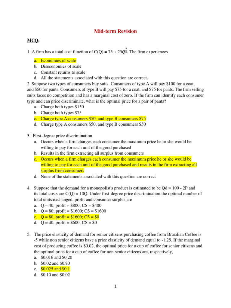 Mid-Term Revision - Answered | PDF | Price Discrimination | Monopoly
