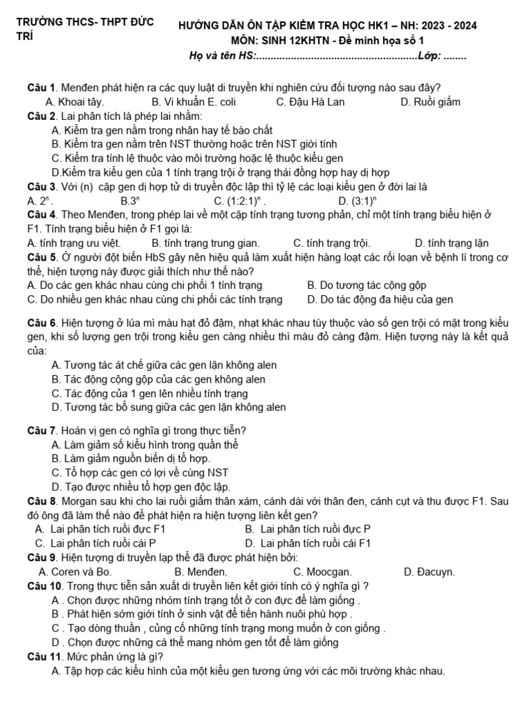 Đề Minh Họa Số 1 Sinh 12khtn Hs Hk1 Đt 23 24 | PDF