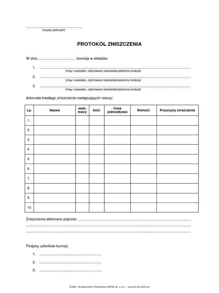 Protokol Zniszczenia 10 Pozycji | PDF
