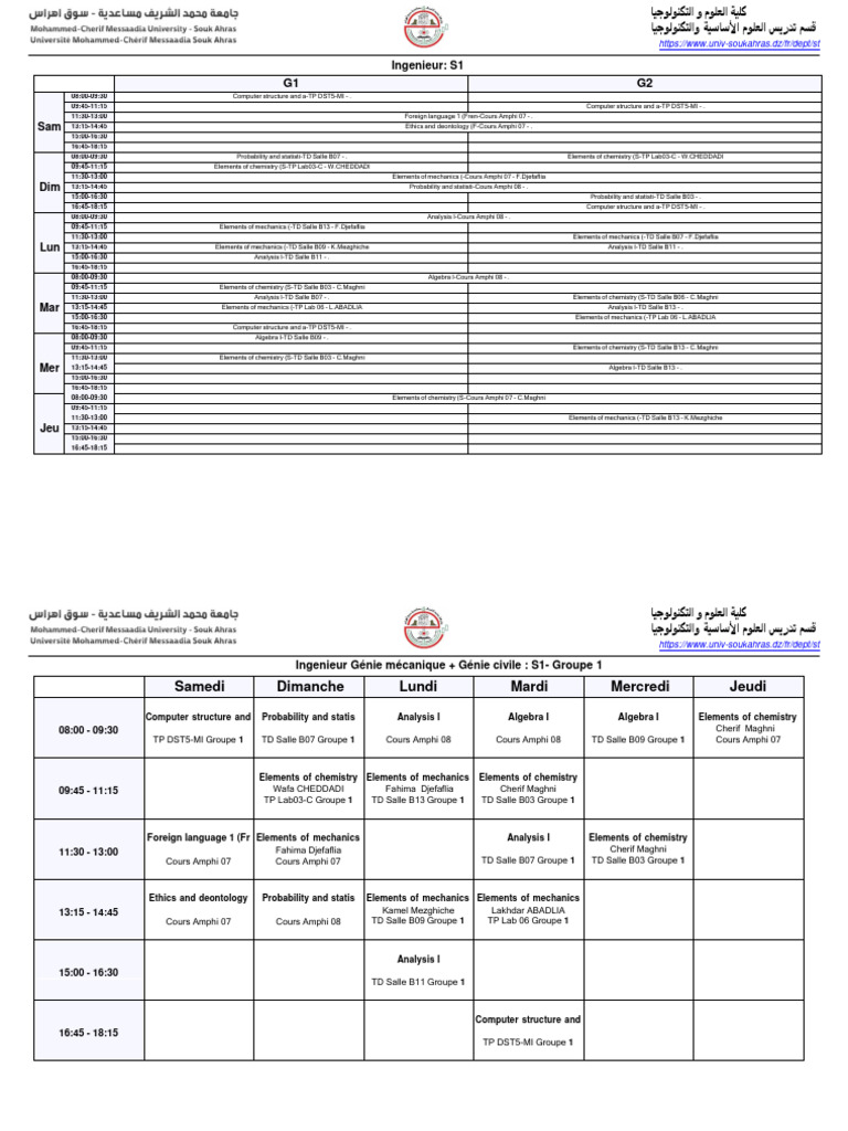 Emploi Du Temps Ingenieur - S1 - 2023-2024 | PDF