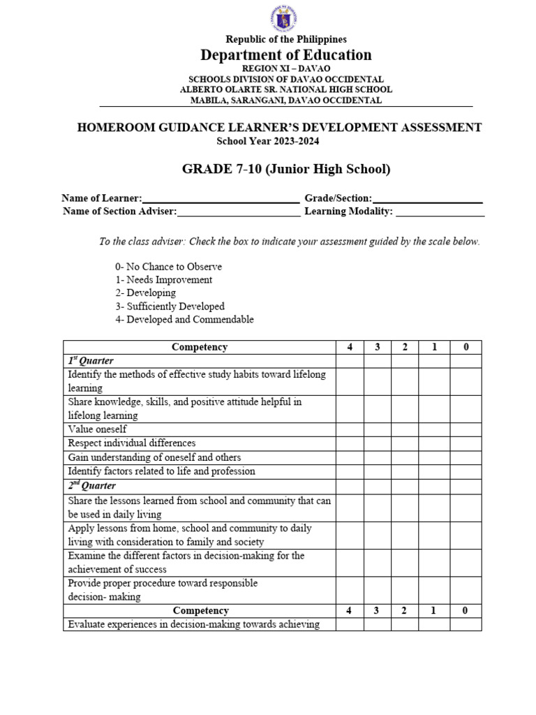 Guidance Form Junior High School | PDF | Learning | Decision Making